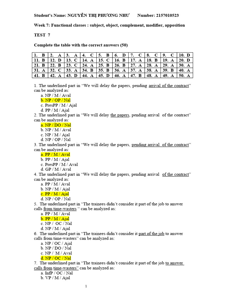 Week 7 Functional Classes Test Answers | PDF | Syntax | Grammar