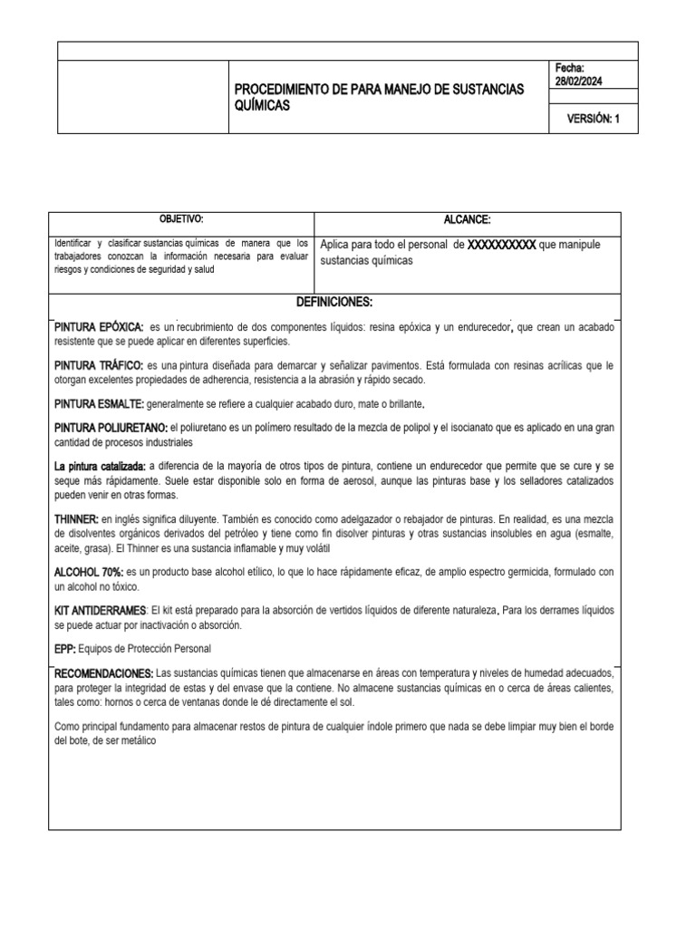 Sop para Manejo de Sustancias Quimicas | PDF | Pintar | Sustancias químicas Sop para Manejo de Sustancias Quimicas | PDF | Pintar | Sustancias químicas