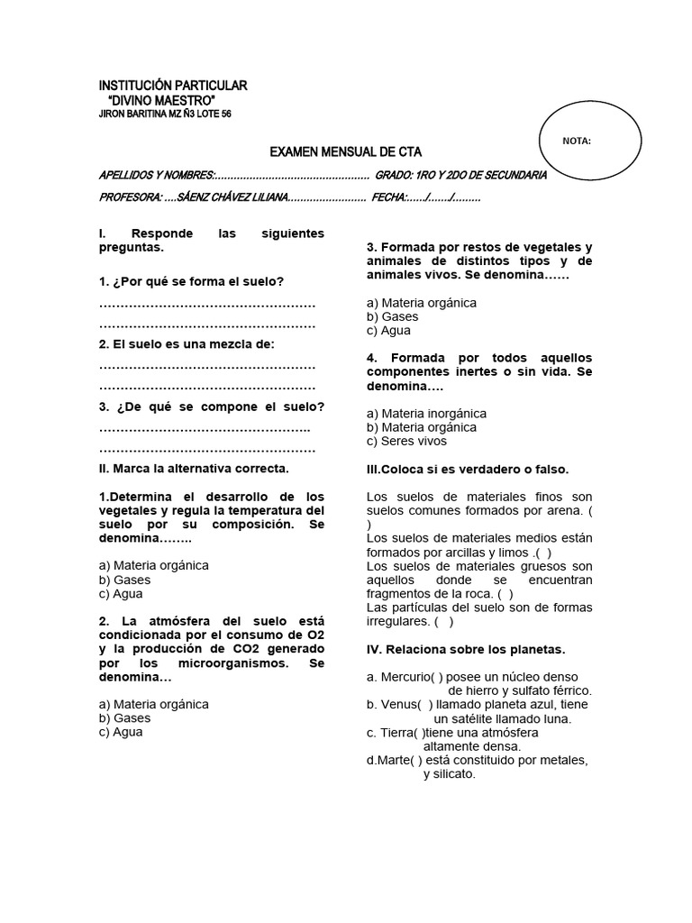 Examen Mensual de Cta - Abril (1ro y 2do Sec) 2023 | PDF | Suelo | Agua