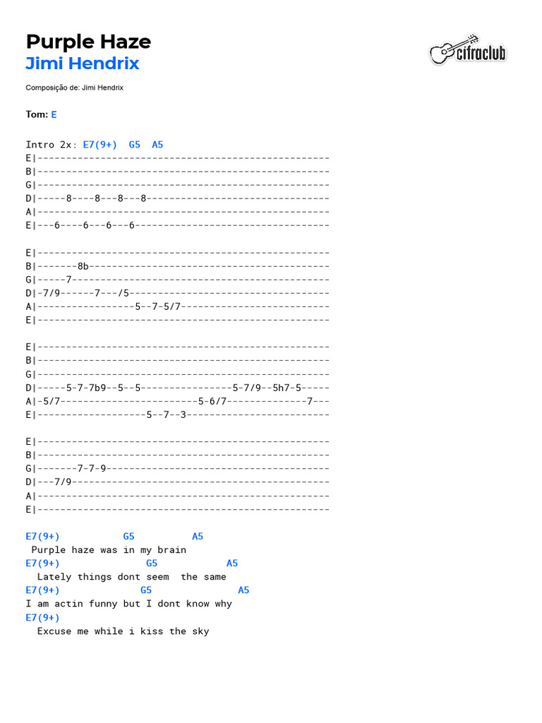Cifra Club - Jimi Hendrix - Purple Haze | PDF | Song Recordings | Songs