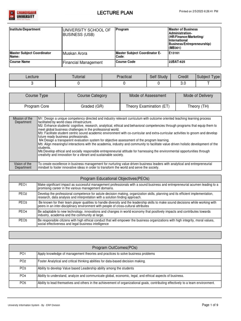 LecturePlan MB301 22BAT-625 | PDF | Entrepreneurship | Economies