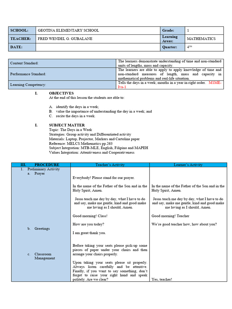 Lesson Plan | PDF | Workweek And Weekend | Learning