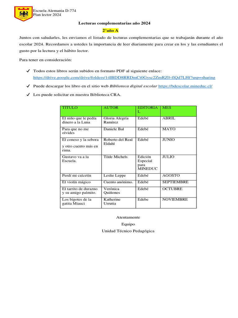 2°A Lecturas Complementarias Año 2024 | PDF