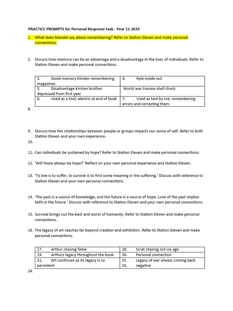 PR Station Eleven 2024 - Revision Prompts | PDF | Experience | Cognition