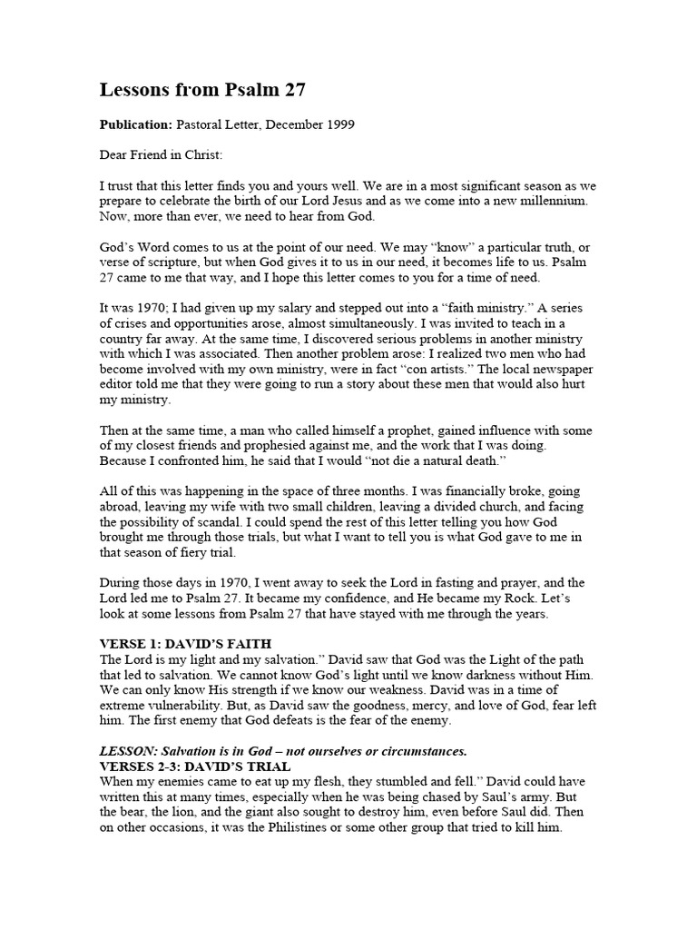 December 1999 - Lessons From Psalm 27 | PDF | David | Prayer