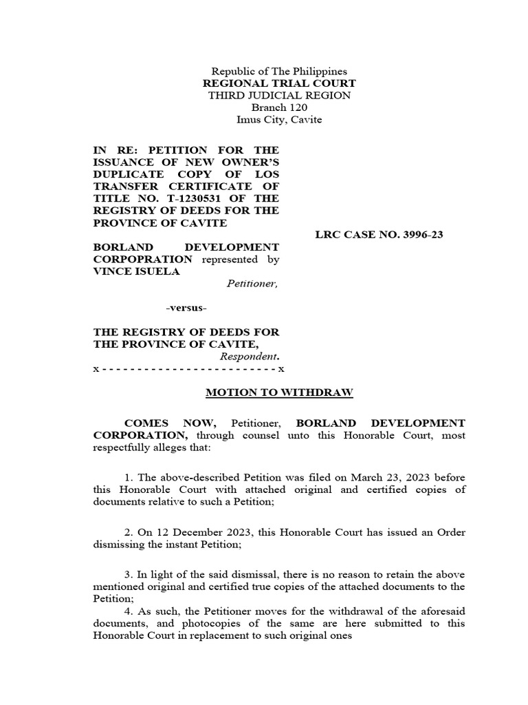 Motion To Withdraw LRC Case No. 3996-23 Branch 120 Imus Cavite | PDF ...