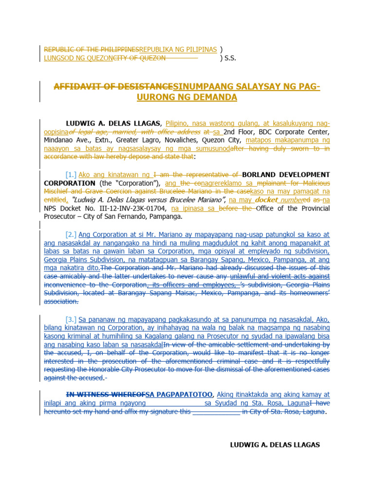 Sinumpaang Salaysay NG Pag-Uurong NG Demanda | PDF