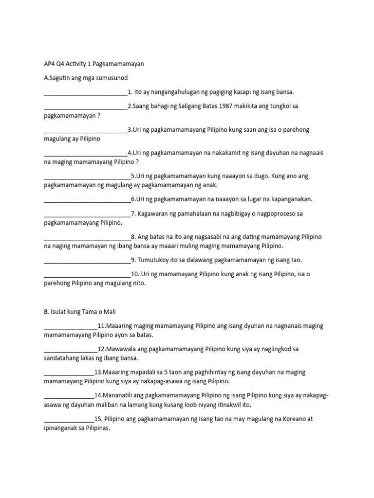 AP4 Q4 Activity 1 Pagkamamamayan | PDF