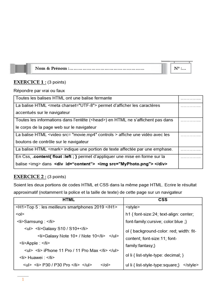 Exercice 1:: Nom & Prénom: N° | PDF
