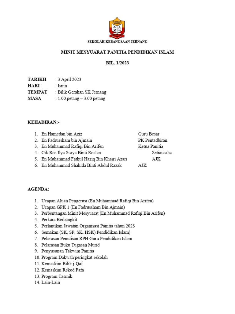 Minit Mesyuarat Bil 1:2023 Panitia Pendidikan Islam Sekolah Kebangsaan Jernang | PDF