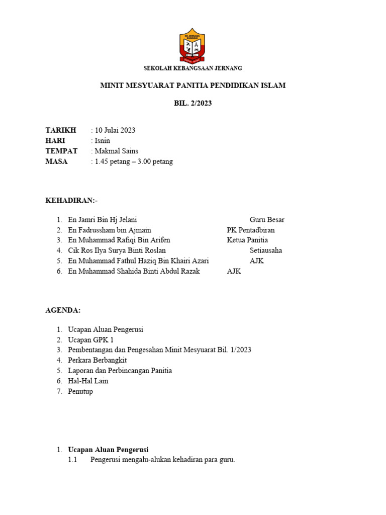 Minit Mesyuarat Bil 2:2023 Panitia Pendidikan Islam Sekolah Kebangsaan Jernang | PDF