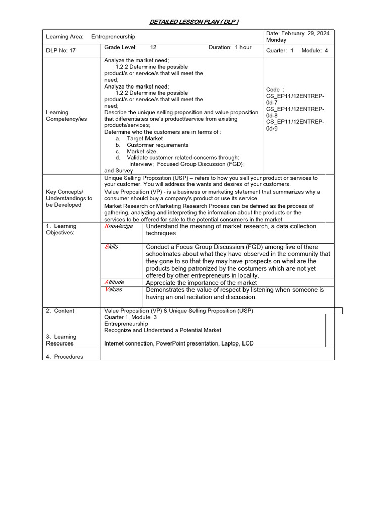 Detailed Lesson Plan (DLP) | PDF | Focus Group | Market Segmentation