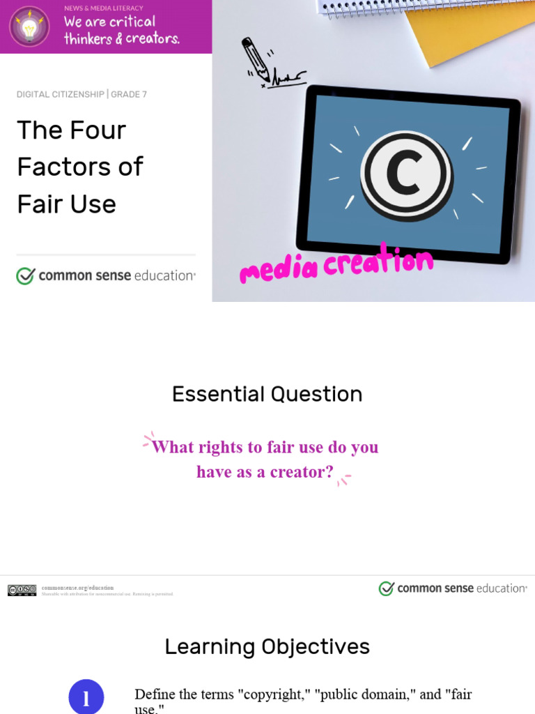 Grade 7 - The Four Factors of Fair Use - Lesson Slides | PDF