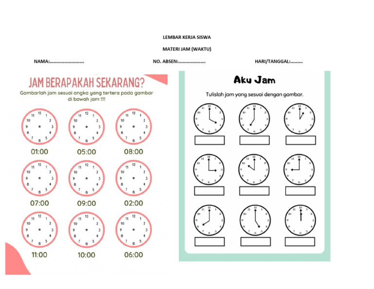 Lembar Kerja Jam Materi Waktu | PDF