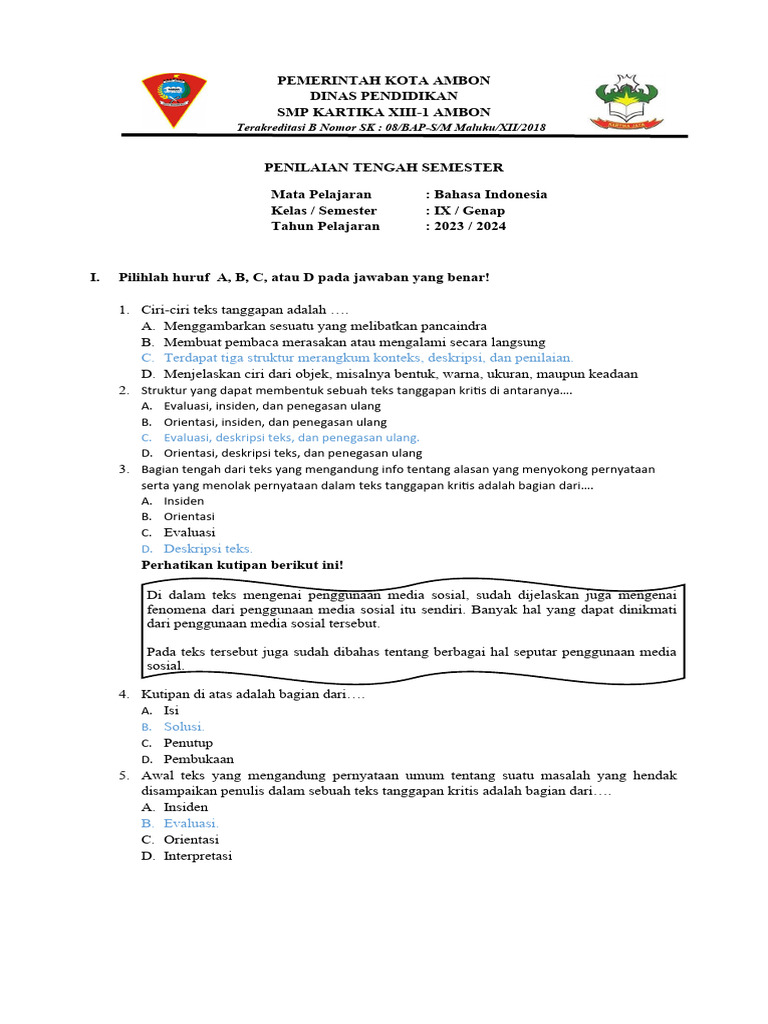 Soal PT Bindo Kelas 9-Genap 2024 | PDF