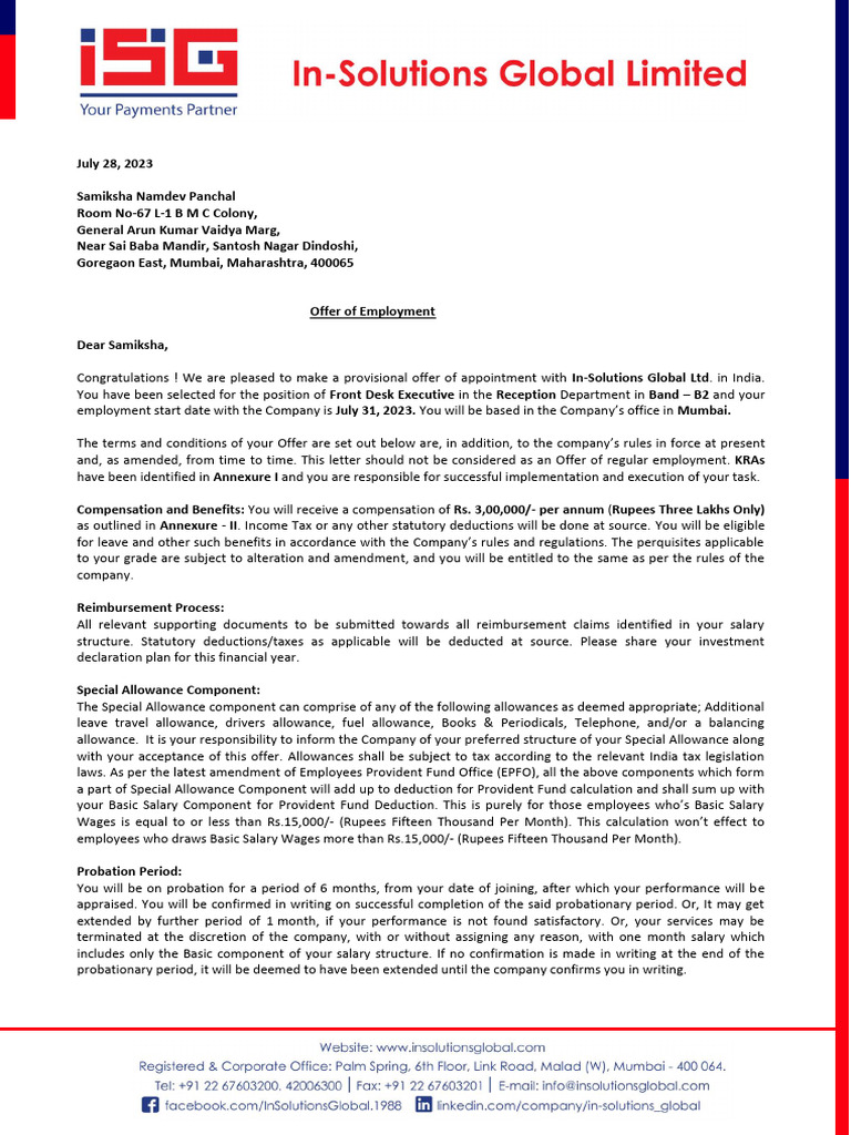 In-Solutions Global - Offer Letter - Samiksha Namdev Panchal | PDF ...