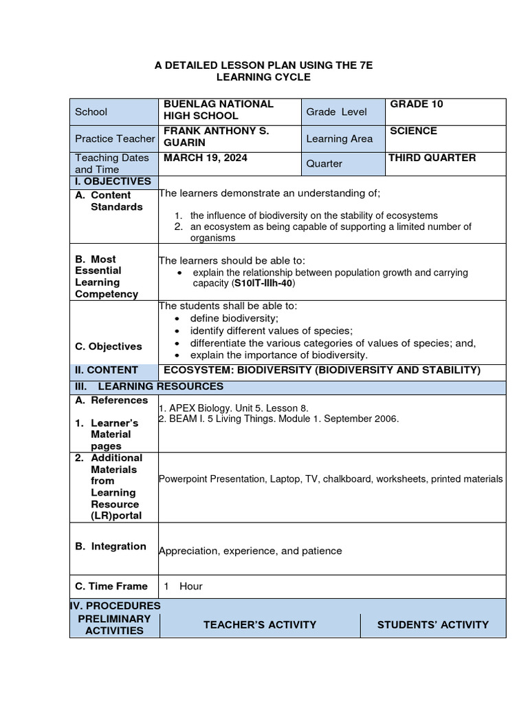 Guarin Frank Anthony S. Detailed Lesson Plan Ecosystem Biodiversity and ...