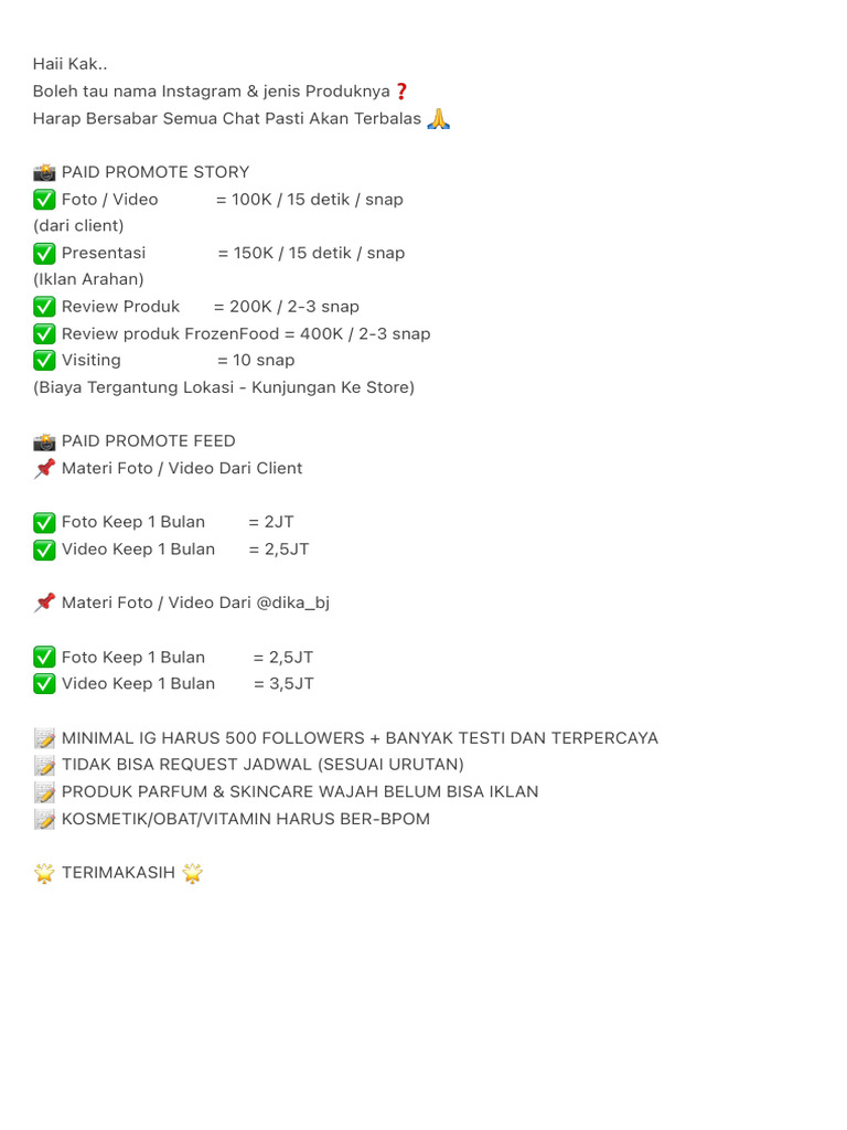 Pricelist Beserta S&K Endors Dika BJ | PDF