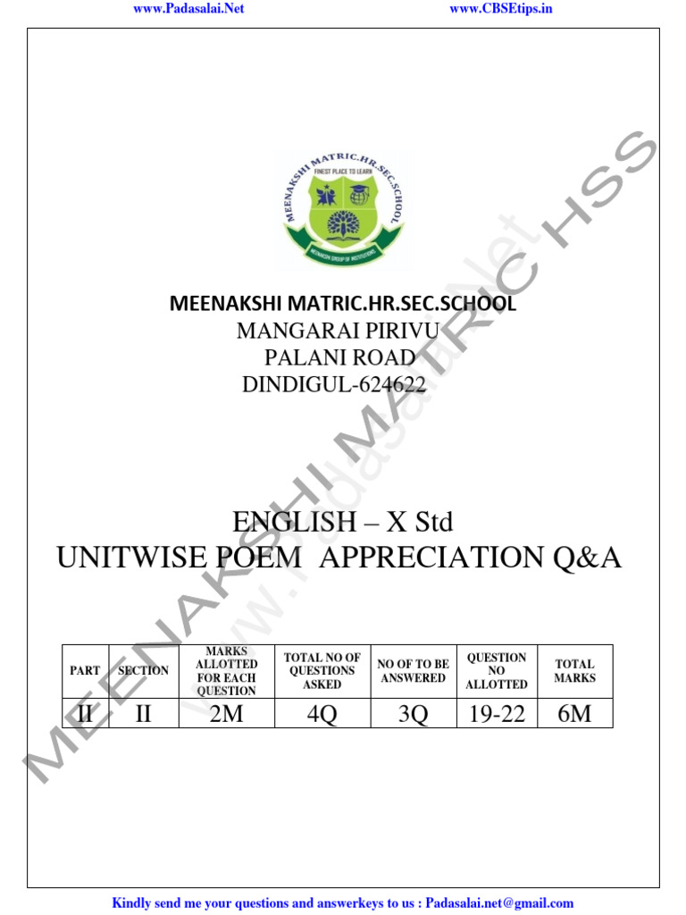 10th English Unit Wise Poem Study Materials English Medium PDF Download ...