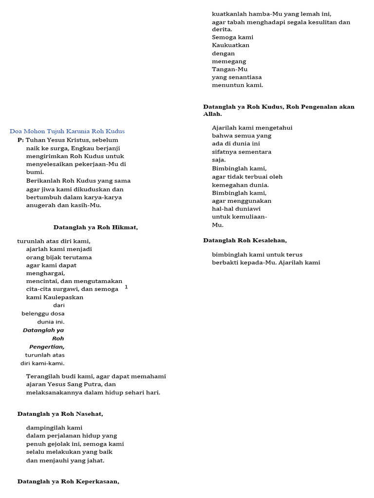 Doa Mohon Tujuh Karunia Roh Kudu1 | PDF