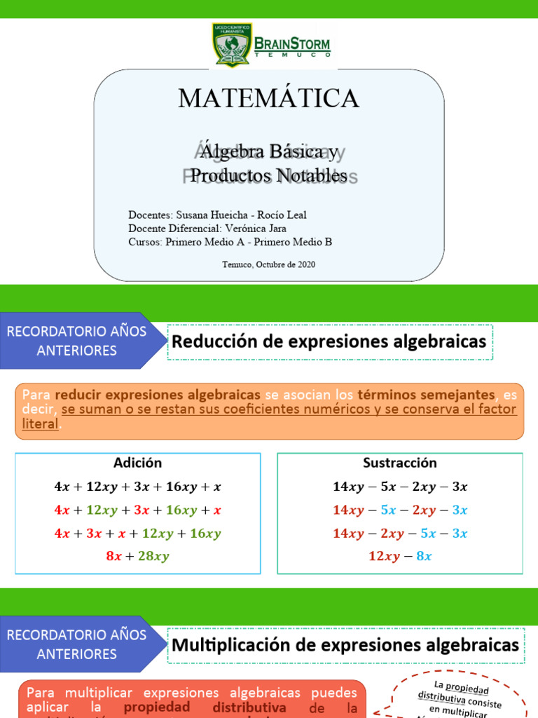1ro Medio A B Matemática PPT N°1 Álgebra Básica y Productos Notable 05 ...