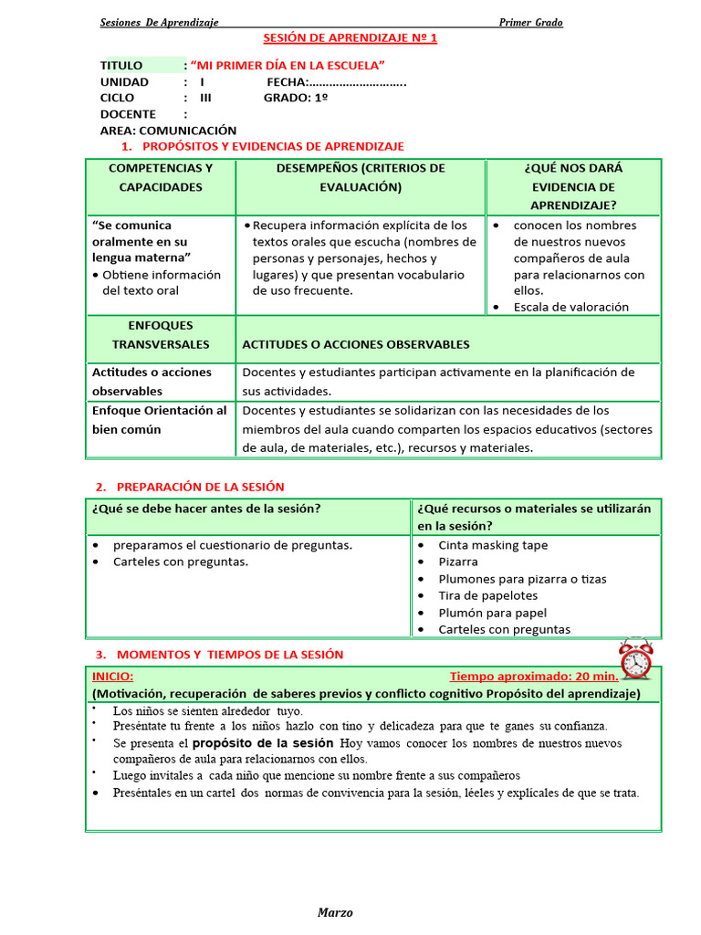 SESIÓN DE APRENDIZAJE Mi Primer Dia de Clases | PDF | Evaluación | Aprendizaje