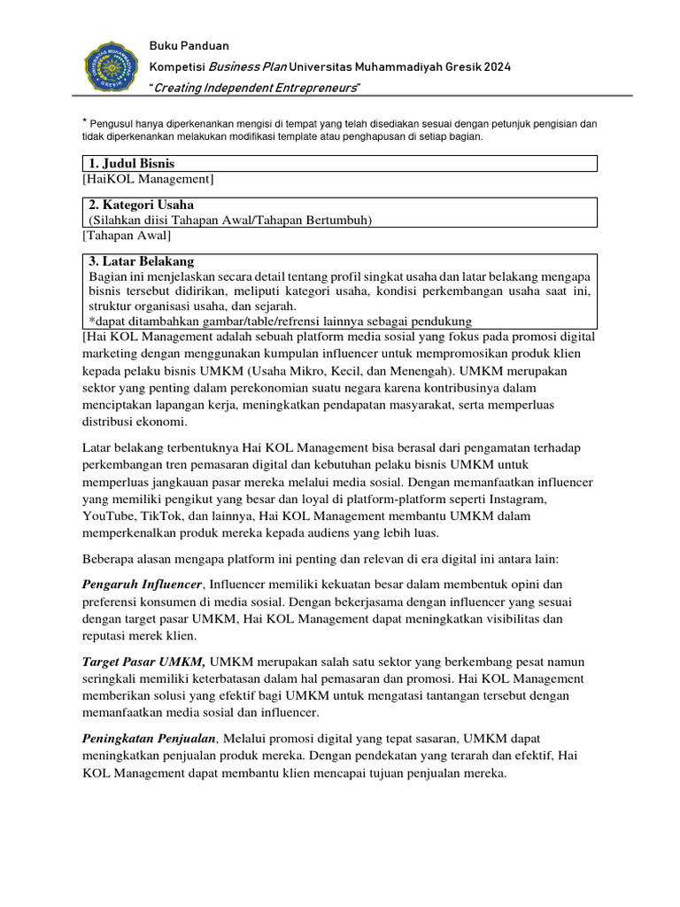 Templete Proposal BPC 2024 Kategori Non Digital | PDF | Karier & Perkembangan | Bisnis