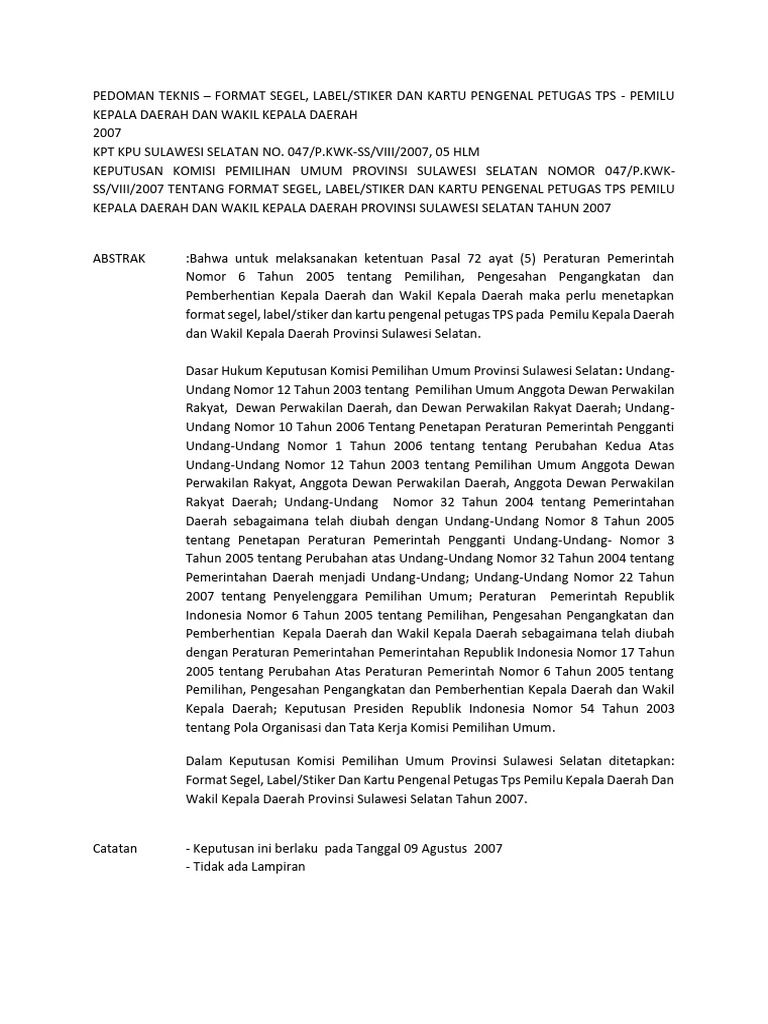 SK 047 Format Segel Labelstiker Dan Kartu Pengenal Petugas TPS | PDF
