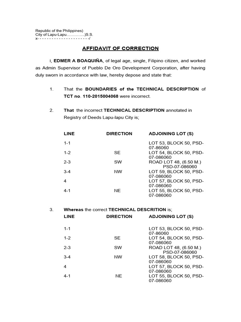 Affidavit of Correction On Technical Description | PDF | Affidavit | Evidence