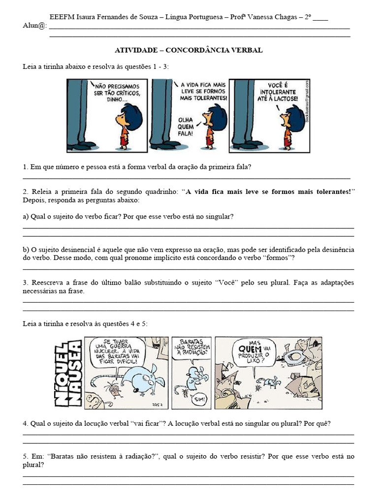 Atividade - Concordância Verbal | PDF | Assunto (gramática) | Famílias linguísticas