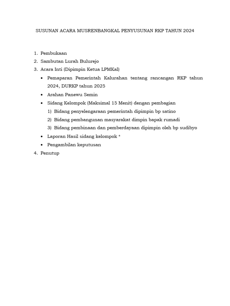 Susunan Acara Musrenbangkal Penyusunan RKP Tahun 2024 | PDF