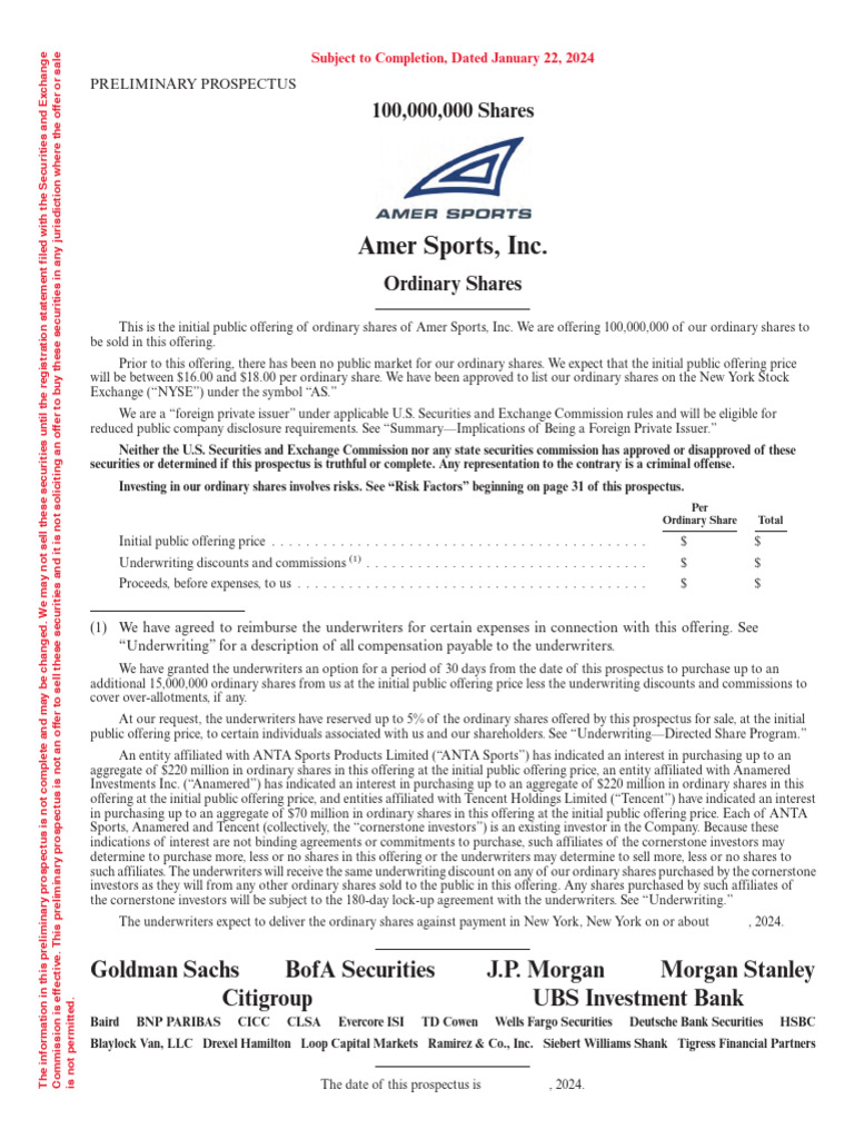 Amer Sports IPO Preliminary Prospectus | PDF | Securities (Finance ...