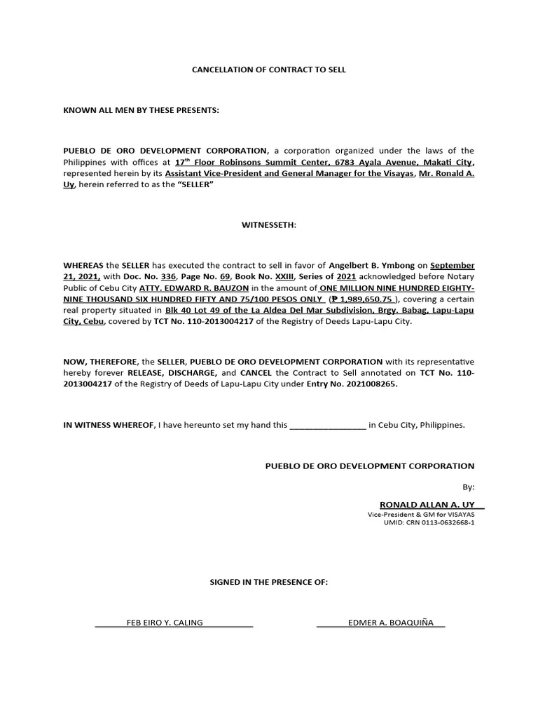 Cancellation of Contract To Sell | PDF | Common Law | Civil Law (Common ...