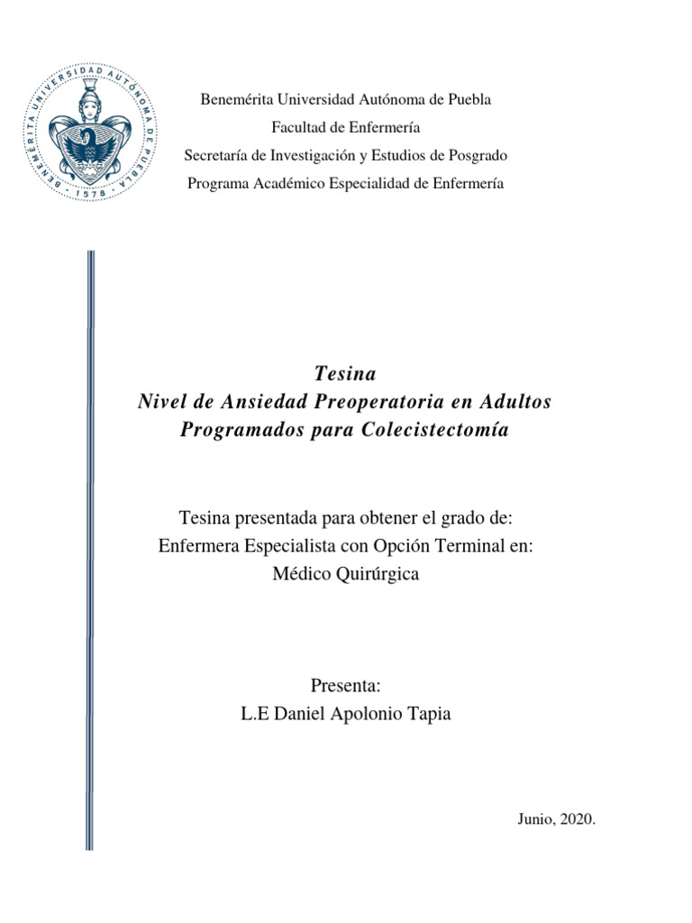 Ansiedad Preoperatoria en Colecistectomía | PDF