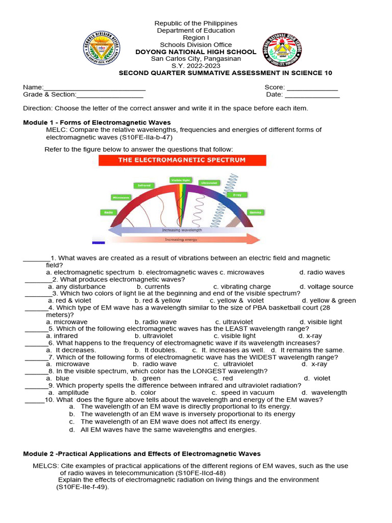 Summative Test | PDF | Electromagnetic Spectrum | Electromagnetic Radiation