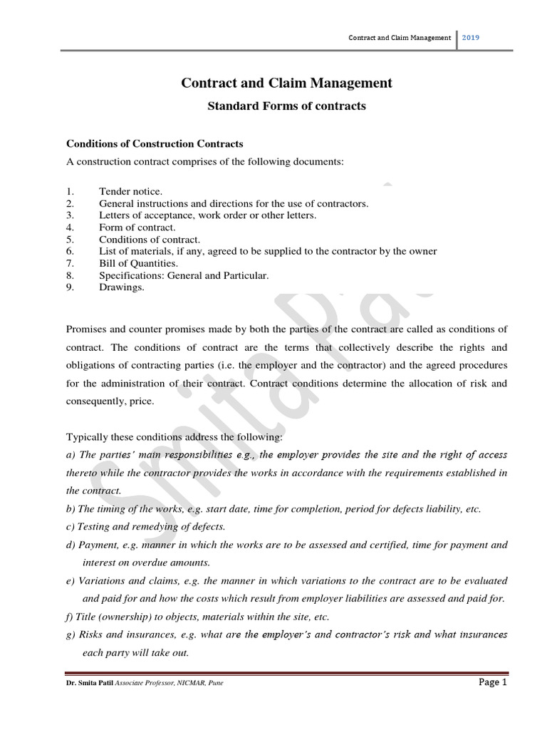 2 - Notes - CCM - Smita Patil - Standard Forms of Contracts FIDIC ...