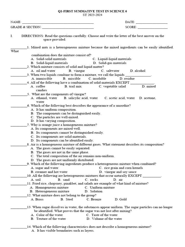 Q1-First Summative Test in Science 6 | PDF | Mixture | Chemistry