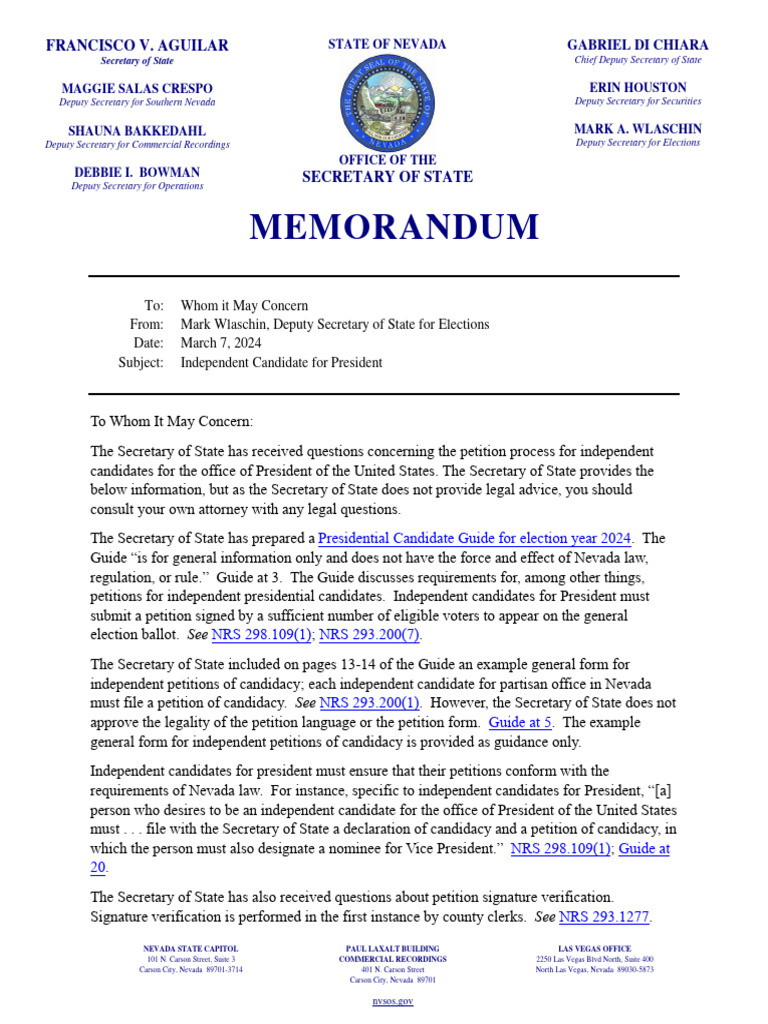 Independent Presidential Candidate Letter VFINAL | PDF | Elections | Nevada