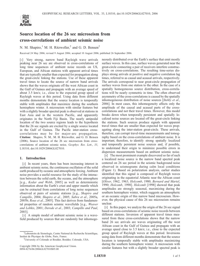 Source Location of The 26 Sec Microseism From Cross-Correlations of Ambient Seismic Noise | PDF ...