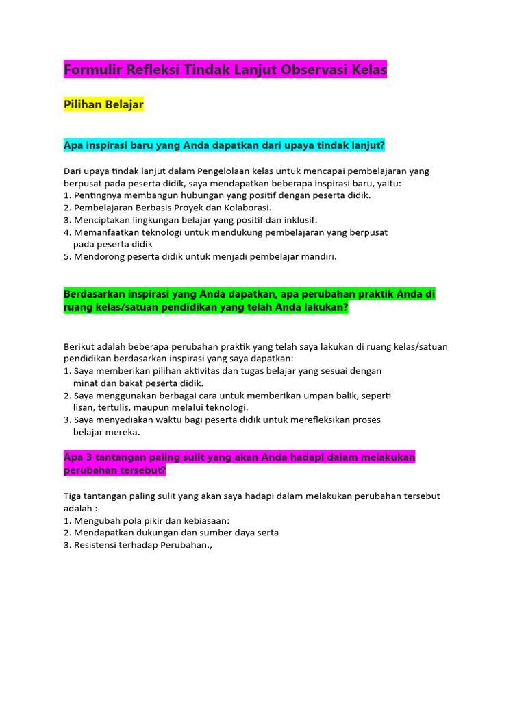 Formulir Refleksi Tindak Lanjut Observasi Kelas | PDF