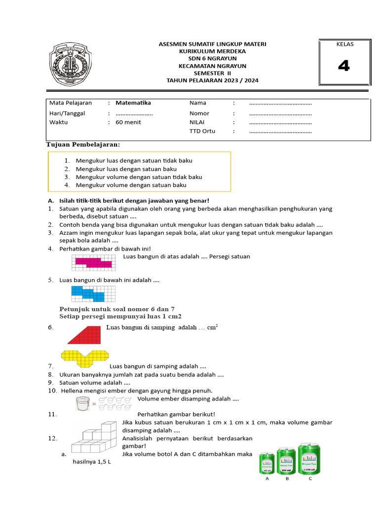 SOAL MATEMATIKA Kelas 4 KURMER | PDF