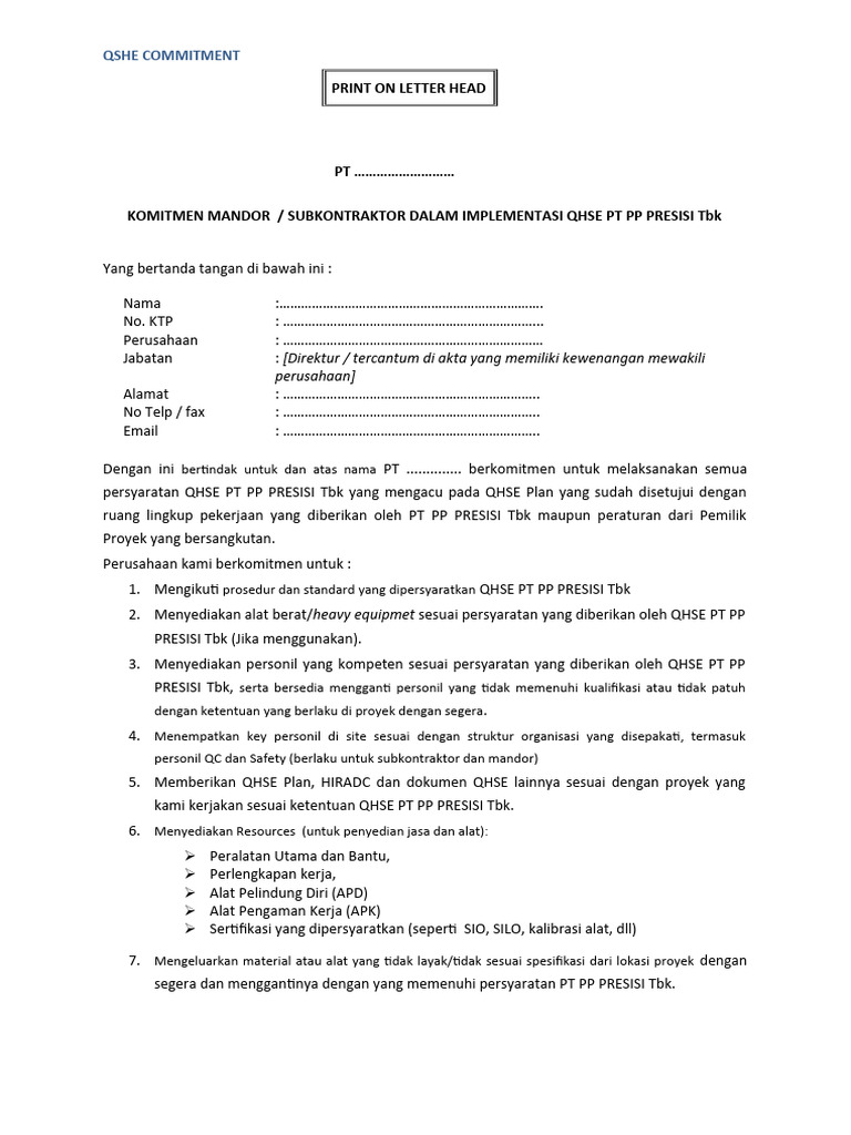 Format QSHE Commitment | PDF
