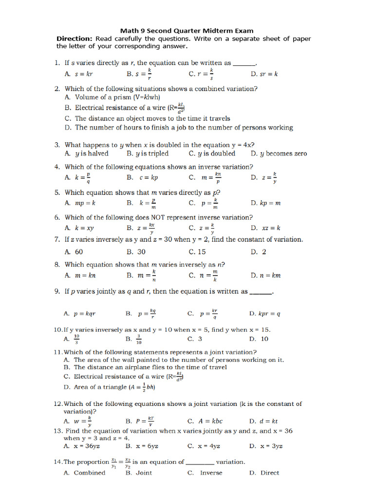 Math 9 Second Quarter Midterm Exam | PDF | Speed | Physical Quantities