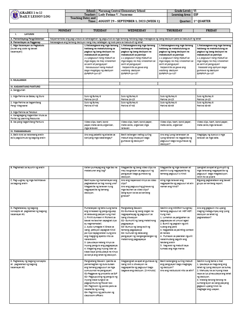 DLL Esp 6 Q1 W1 | PDF