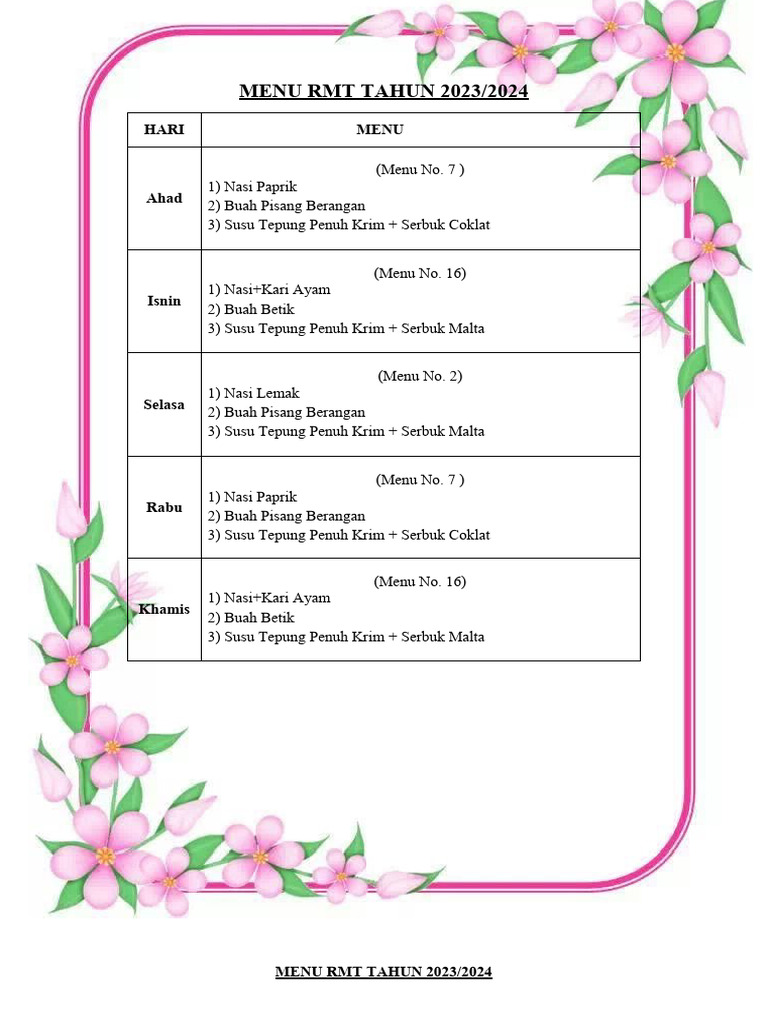 Menu RMT 2023/2024 | PDF