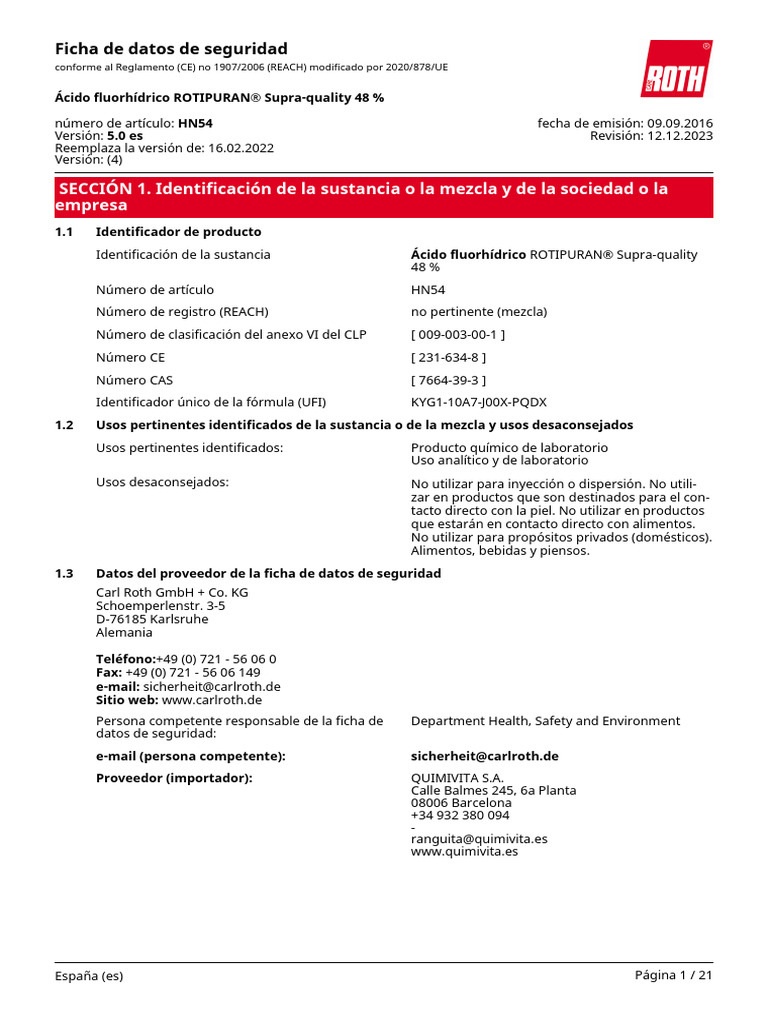 Anexo 4 Ficha Tecnica Acido Fluorhidrico | PDF | Toxicidad | Quemar