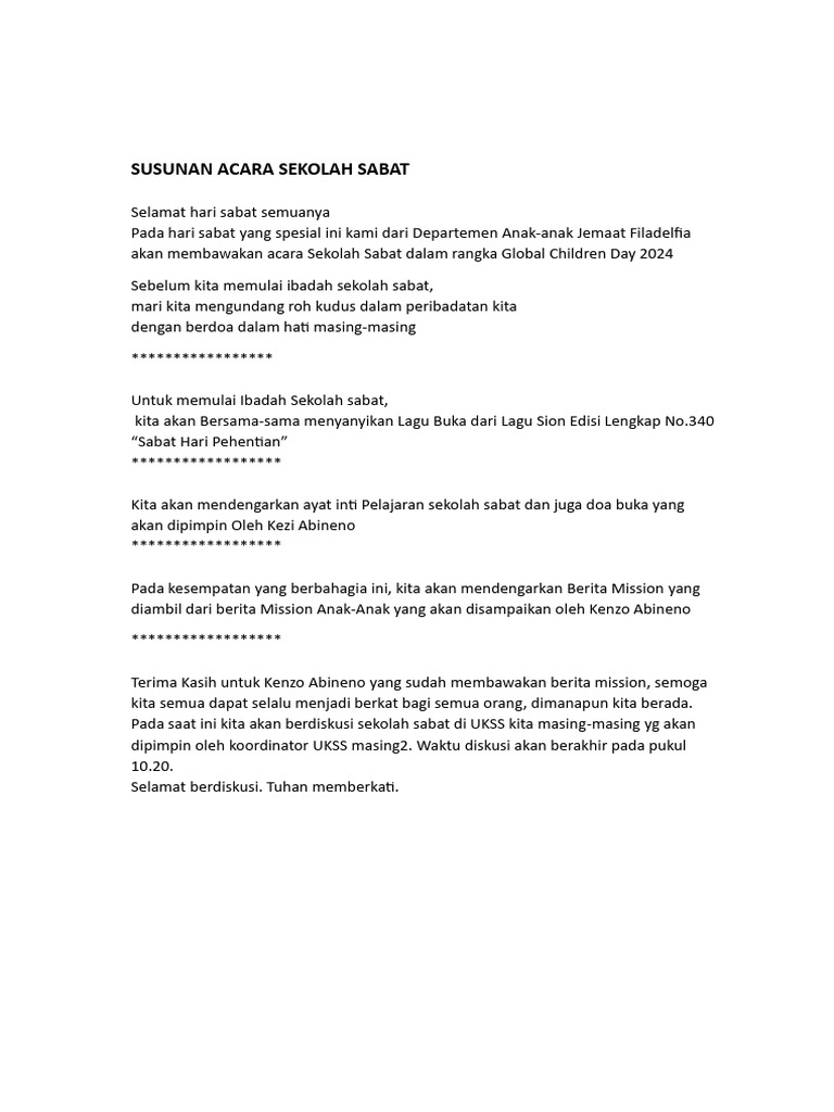 SUSUNAN ACARA SEKOLAH SABAT | PDF