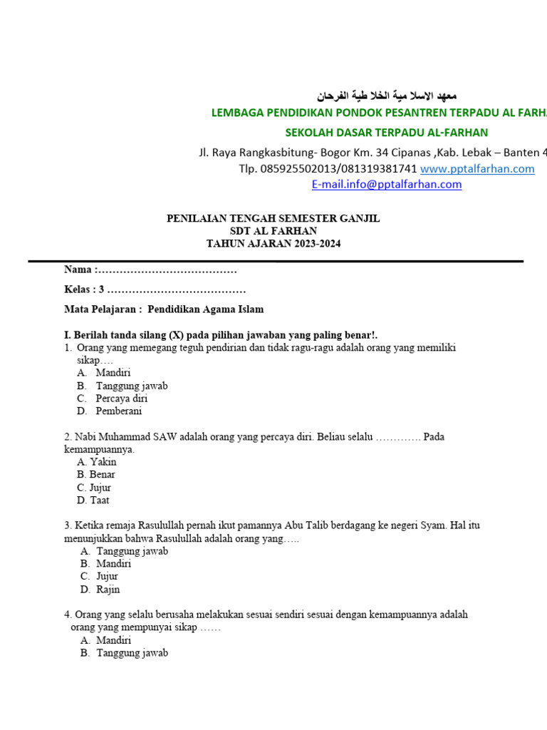 Soal PTS Kelas 3 - PAI Fix | PDF
