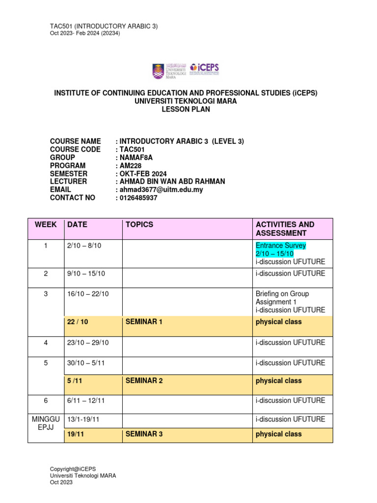 Tac501 - Lesson Plan For Sem Oct 2023 - Feb2024 | PDF