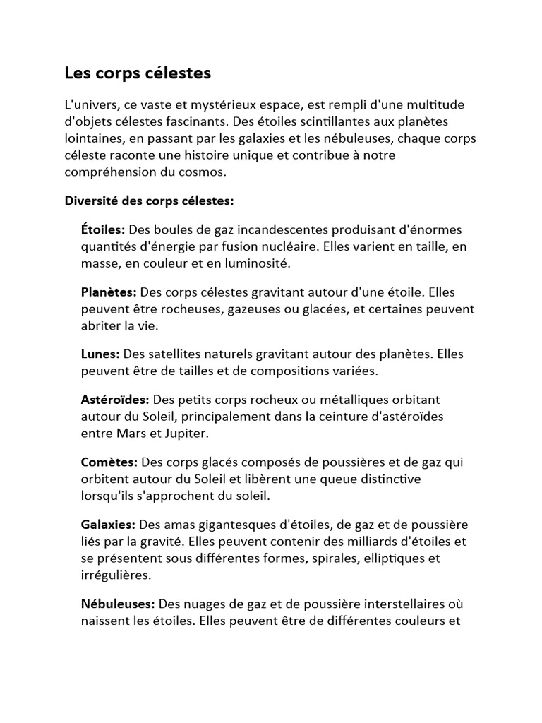 Types de corps célestes dans l'univers | PDF | Sciences et ...